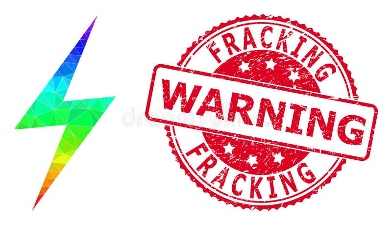 Round Textured Fracking Warning Stamp Seal with Vector Polygonal Electric Strike Icon with ...