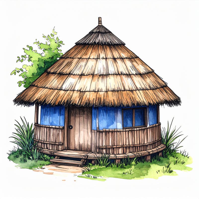Round Thatched Hut with Blue Windows and Wooden Walls Stock Photo ...