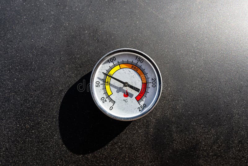 A Round Thermometer Showing 70 Degrees Celsius Placed on a Charcoal ...