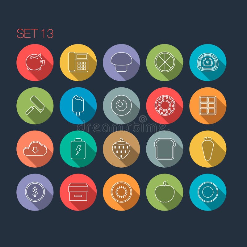 Round Thin Icon with Shadow Set 13 Stock Vector - Illustration of food ...