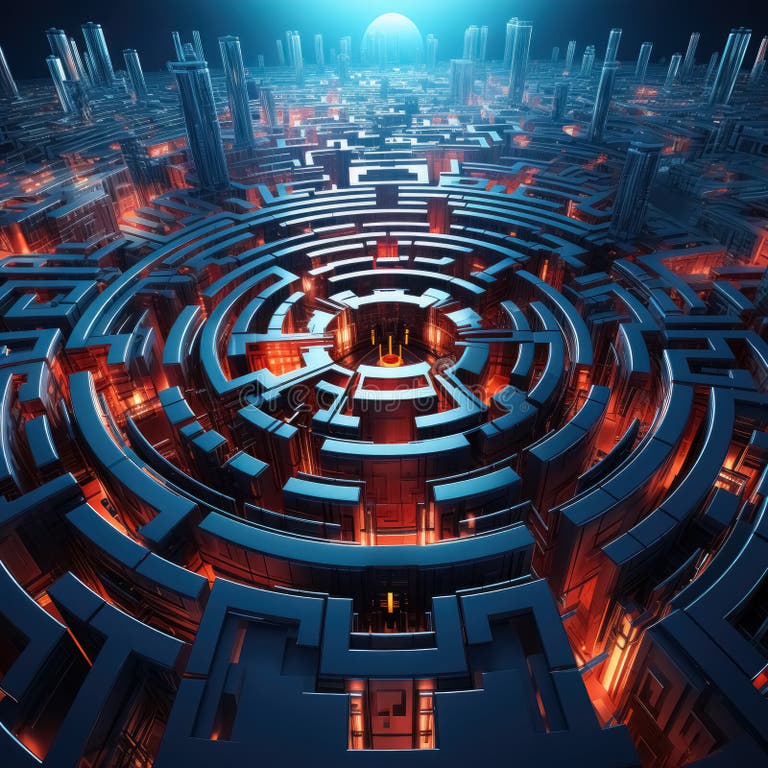 Round Three-dimensional Maze in Digital Space, Data Path on Computer Server. Generative AI Stock ...