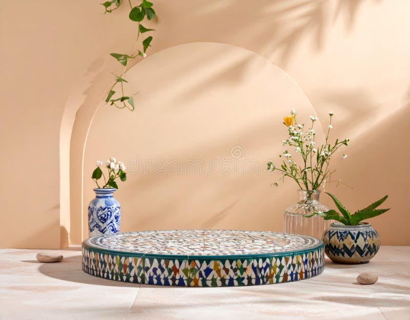 Round Tile Product Display Stage with Floral Arrangement Stock ...