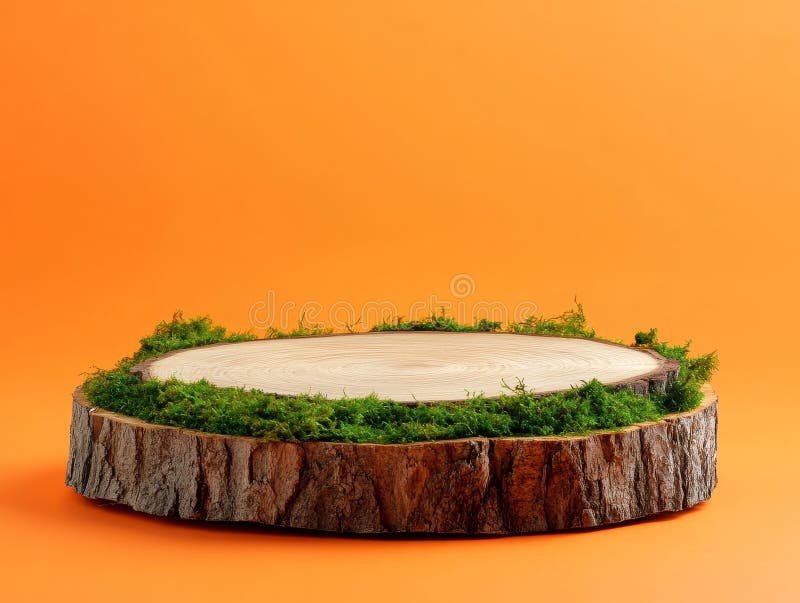 Round Tree Stump with Grass and Circles on Orange Background. 3d Render ...