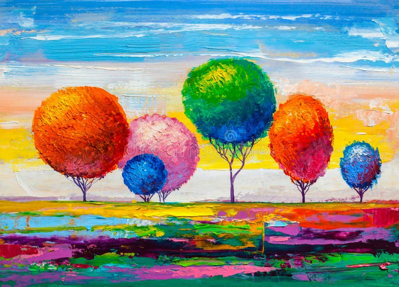 Round trees, painting stock illustration. Illustration of craft - 149750973