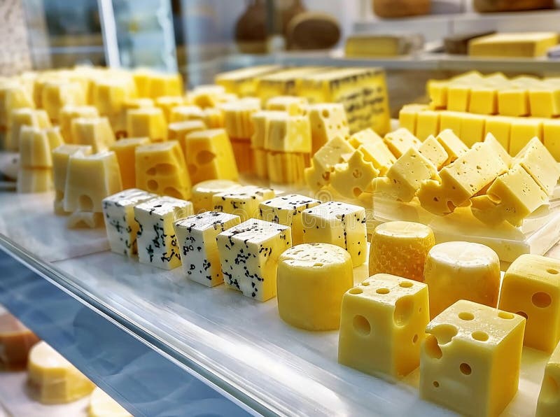 Round, Triangular and Square Pieces of Delicious Yellow Cheese with ...