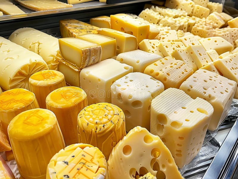 Round, Triangular and Square Pieces of Delicious Yellow Cheese with ...