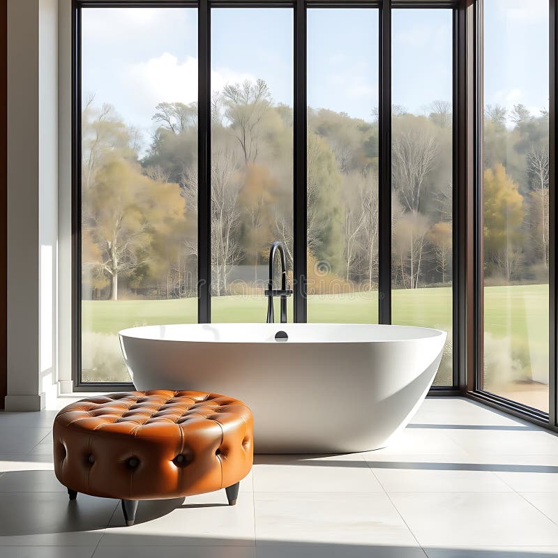 A Round Tufted Leather Bathroom Stool Placed Near a Modern Freestanding ...