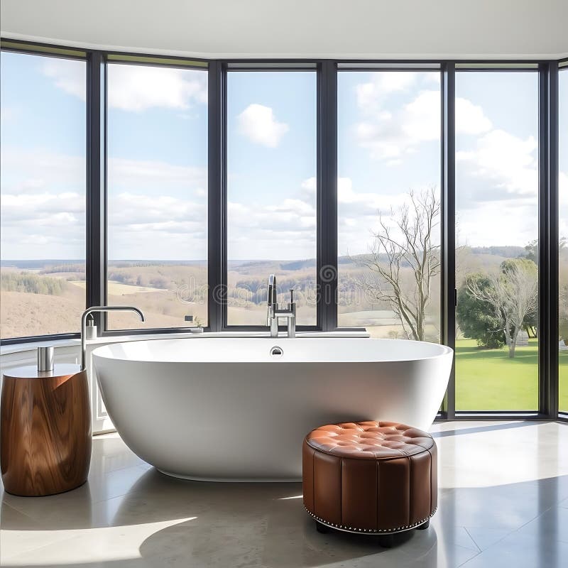 A Round Tufted Leather Bathroom Stool Placed Near a Modern Freestanding ...