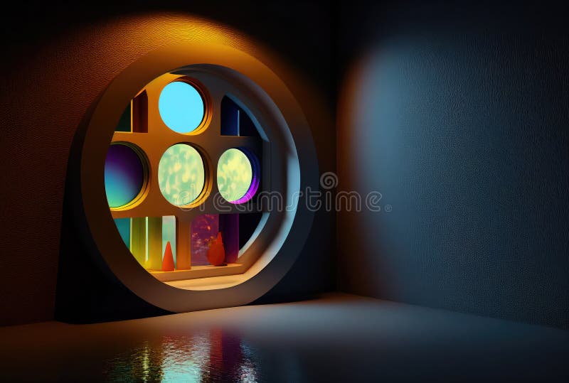 Round Unusual Window with Colored Glass, Stained Glass. Empty Room ...