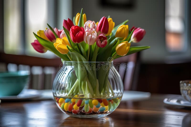 A Round Vase Filled with Tulips at the Table Stock Illustration ...