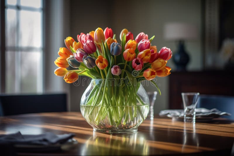 A Round Vase Filled with Tulips at the Table Stock Illustration ...