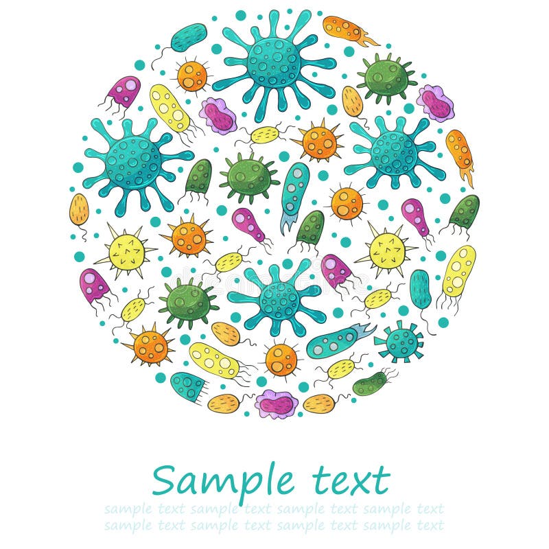 Round Vector Set of Design Elements, Text. Set of Cartoon Microbes in ...