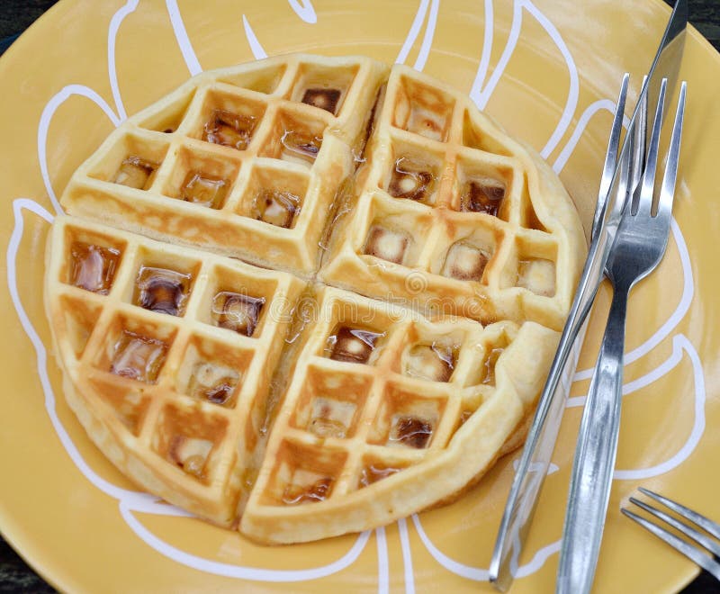 Round Waffle with Syrup on Dish Stock Photo - Image of waffles, snack ...