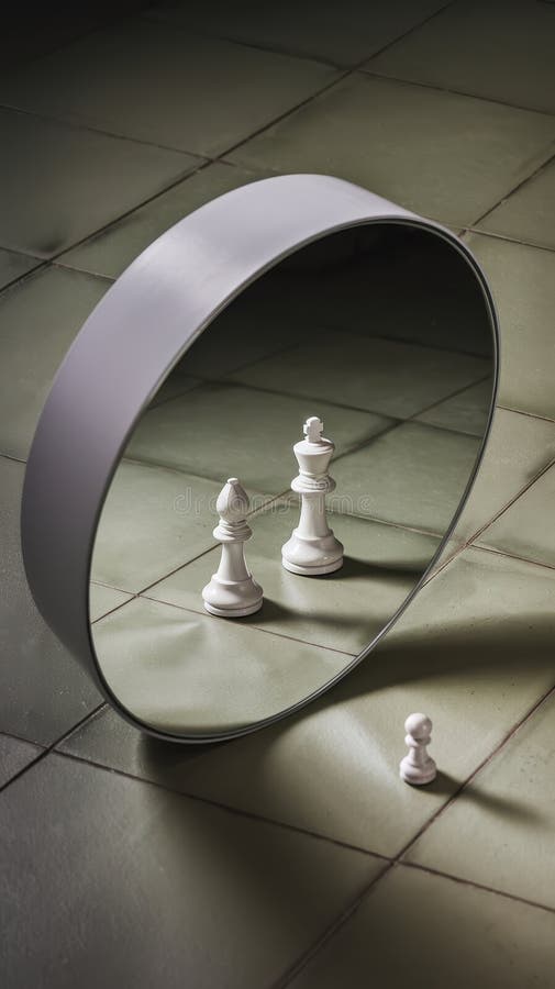 Round Wall-Mounted Mirror Reflecting Chess Set on Neutral Background ...