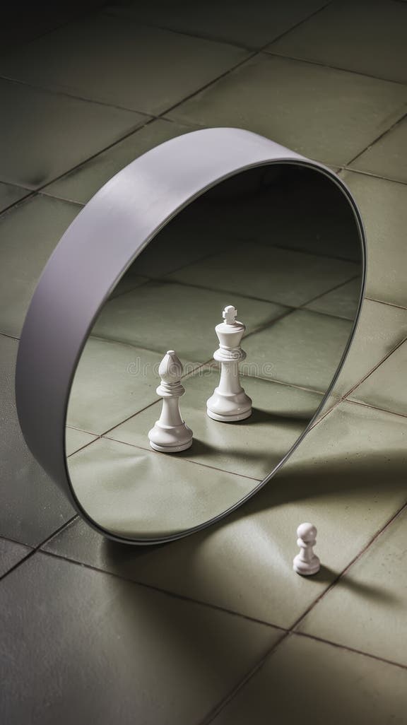 Round Wall-Mounted Mirror Reflecting Chess Set on Neutral Background ...