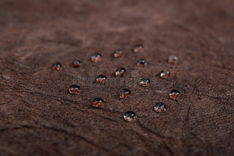 Round Water Drops on Dark Brown Leather Texture, Side View, Soft Focus ...