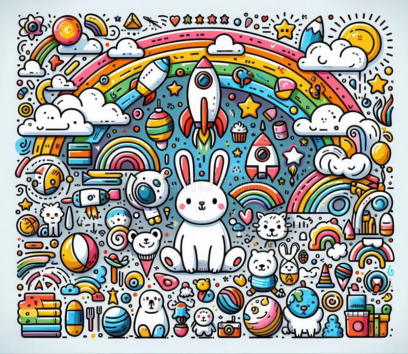A Round Whimsical Doodle with a Rabbit in the Center and Surrounded ...
