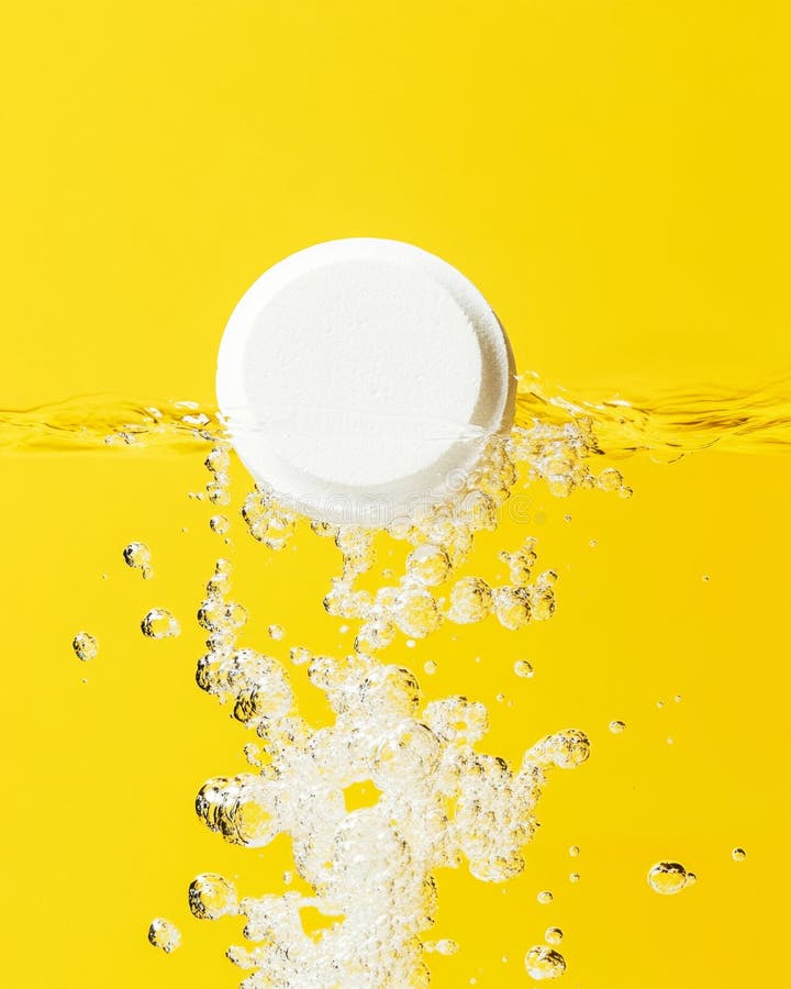 Effervescent Reaction of a Round White Pill Sinking into Clear Water ...