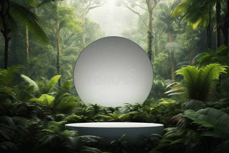Round White Podium Display Stand for Product Showcase in Lush Tropical ...