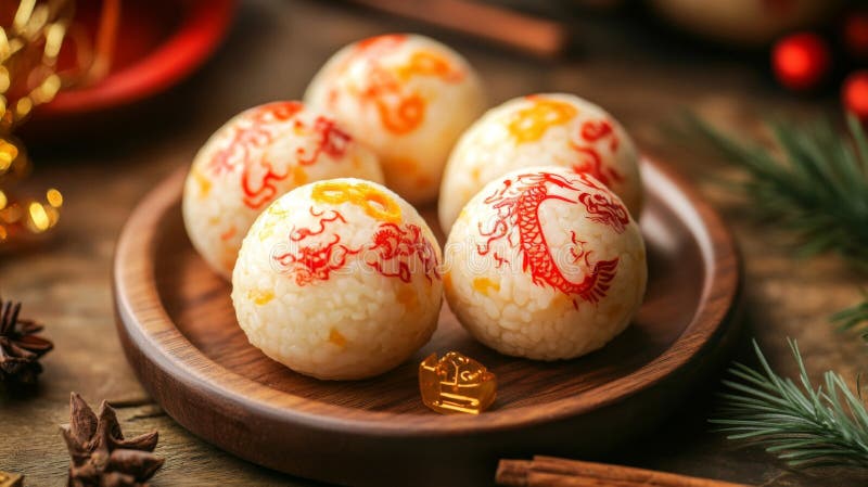Round White Rice Balls Decorated with Red Dragon Designs Stock ...