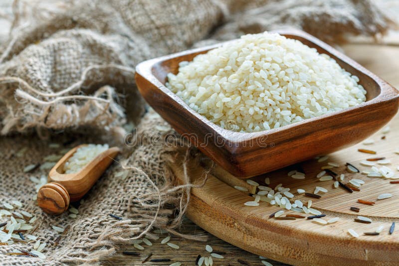 Round White Rice in a Wooden Bowl. Stock Image - Image of food, wooden ...