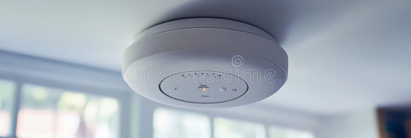 Round White Smoke Detector Mounted on a Ceiling, Ensuring Safety and ...