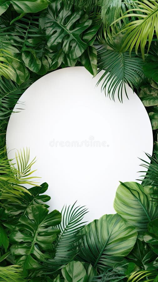 Round White Template with Nature Leaves, Green Tropical Forest ...