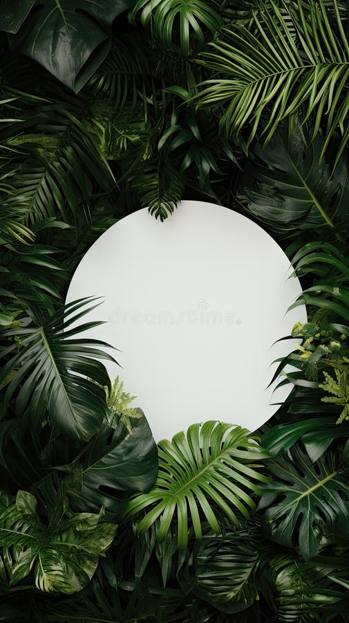 Round White Template with Nature Leaves, Green Tropical Forest ...