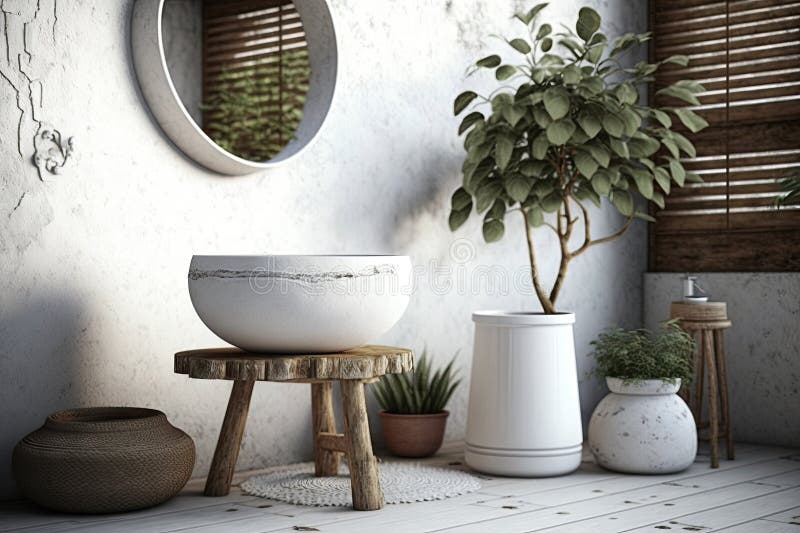Round White Wash Basin in Rustic Setting with Wooden Stool and Potted ...
