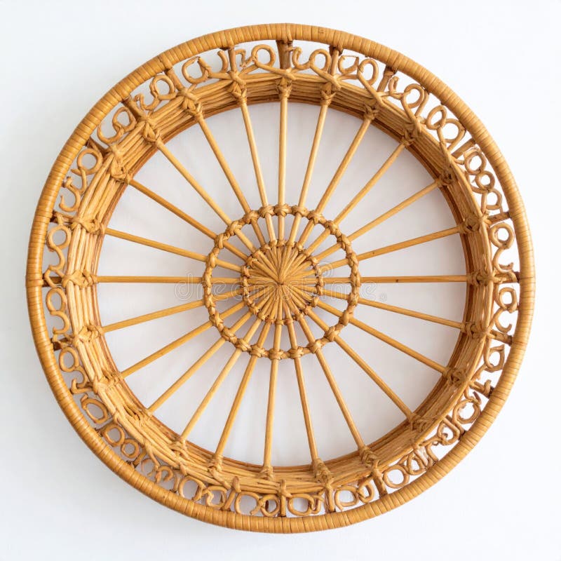 Round Wicker Basket with Intricate Woven Design on White Background ...