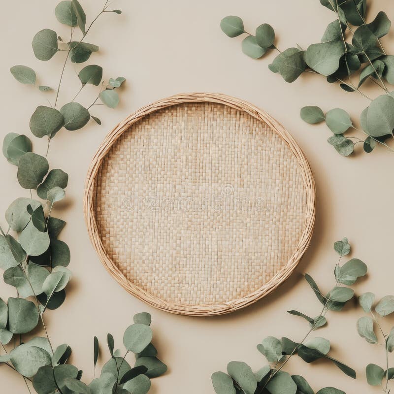 Round Wicker Frame with Eucalyptus Branches on Beige Background. Flat ...