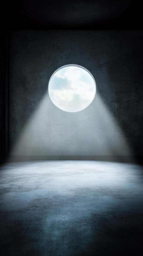 Round Window Sky View with Sunlight Streaming into Dark Room Stock ...