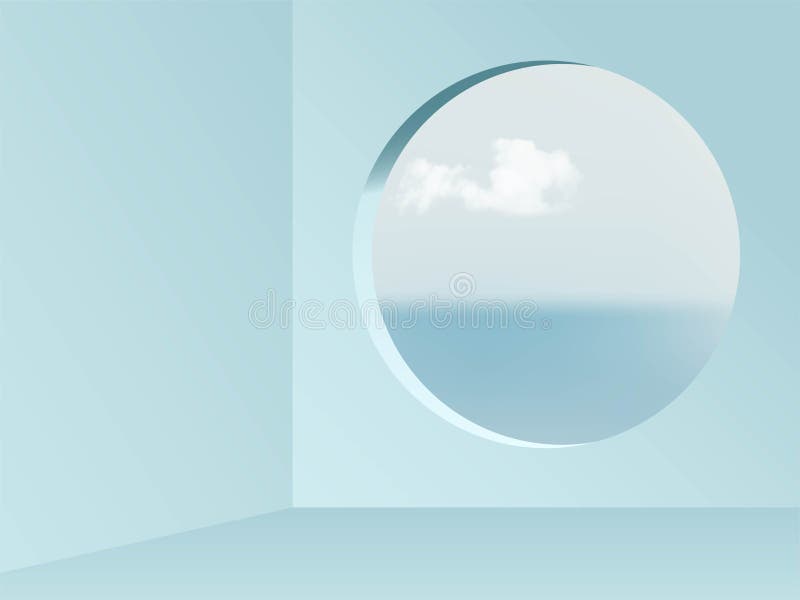 Round Window View from Blue Empty Room Abstract Background. View on ...