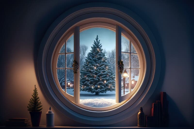 Round Window with View of Christmas Tree in the Snow Stock Illustration ...