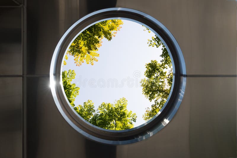 Circle Windows with Top View with Tree Branch and Blue Sky Stock ...