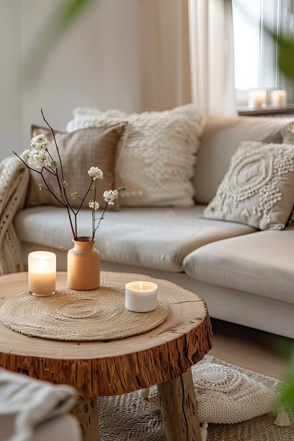 Round Wood Coffee Table in Room with Grey Sofa in Scandinavian Style ...