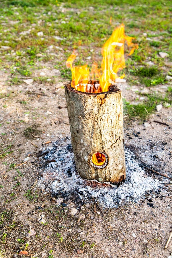 Round Wood Log with Chopped Out Middle and Side Hole for Burning Fire ...