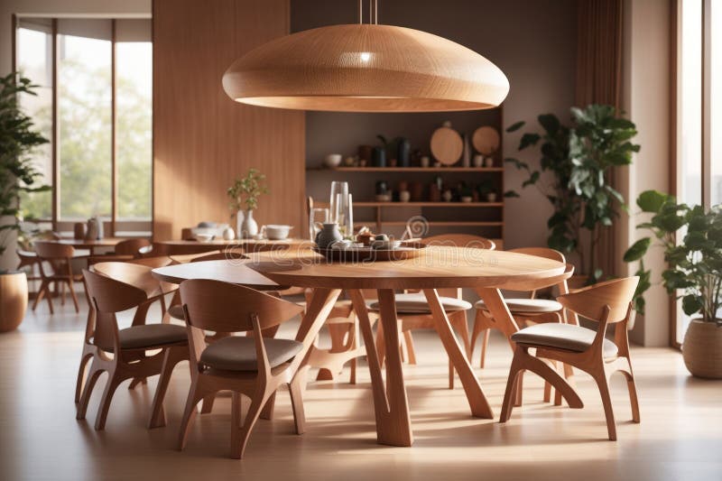 Round Wood Slab Dining Table and Curved Chairs. Ai Generative Stock ...