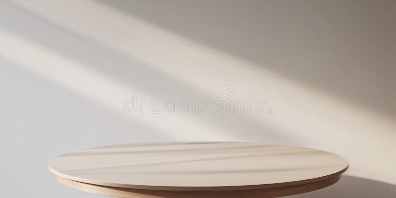 Round Wood Table Top with Abstract Shadow Drop on White Wall Background ...