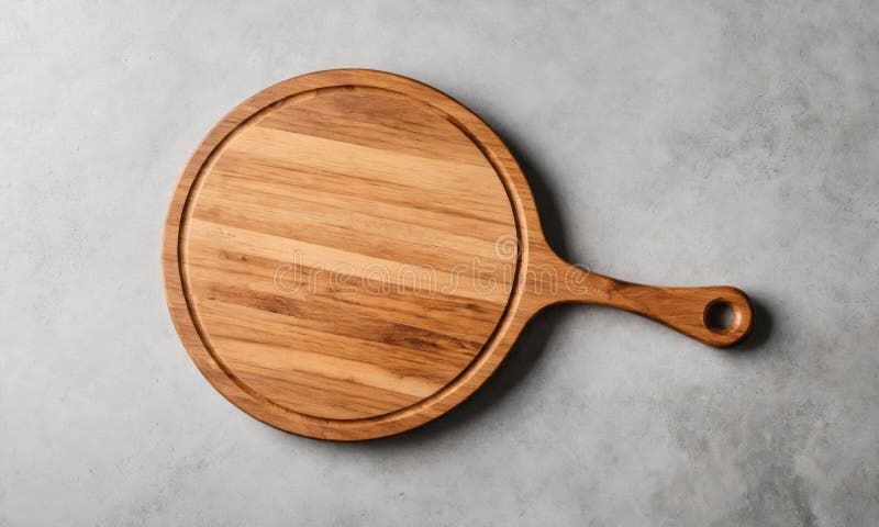 Round Wooden Cutting Board with Handle on Gray Surface Stock ...