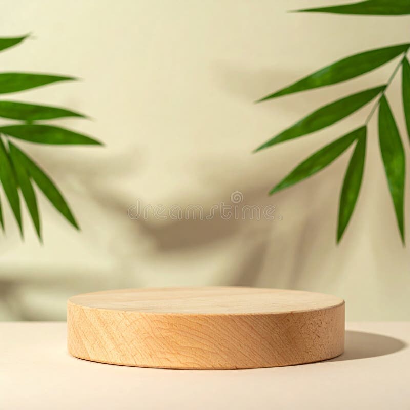 Round Wooden Display Platform with Green Leaves Stock Illustration ...
