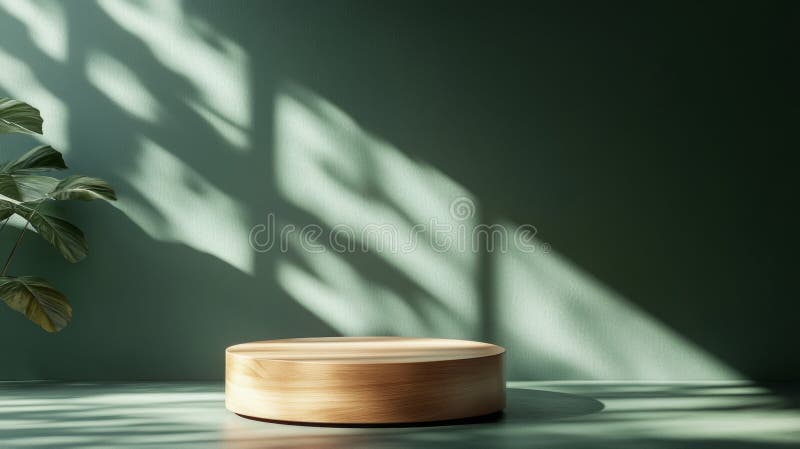 Round Wooden Display Platform on Green Wall with Sunlight Shadows Stock ...