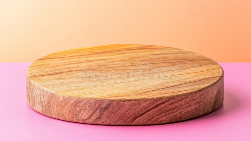 Round Wooden Display Platform on Pink and Orange Background Stock ...