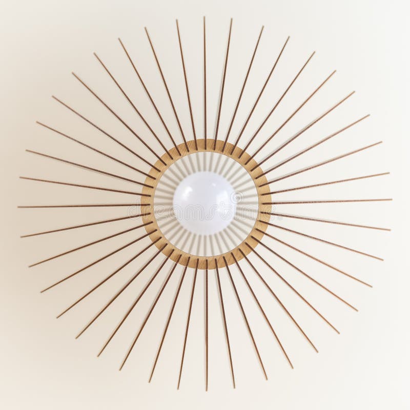 Round Wooden Light with Ice Bulbs Hung in a White Ceiling. Modern ...