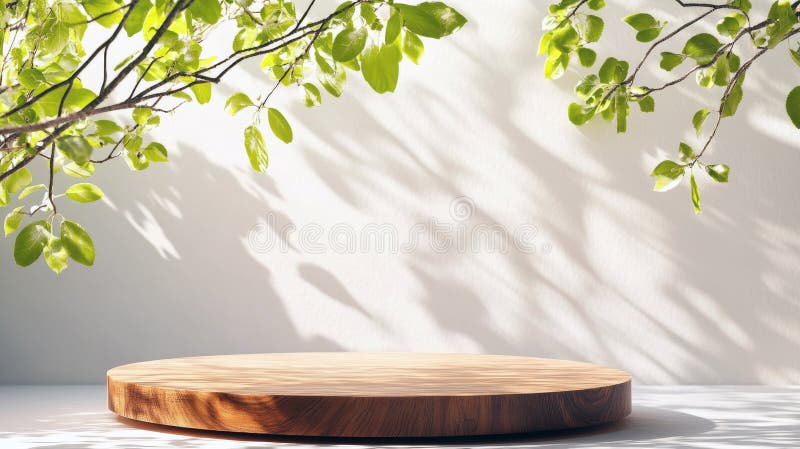 Round Wooden Platform in Bright Sunlight with Green Leaves and Shadows ...