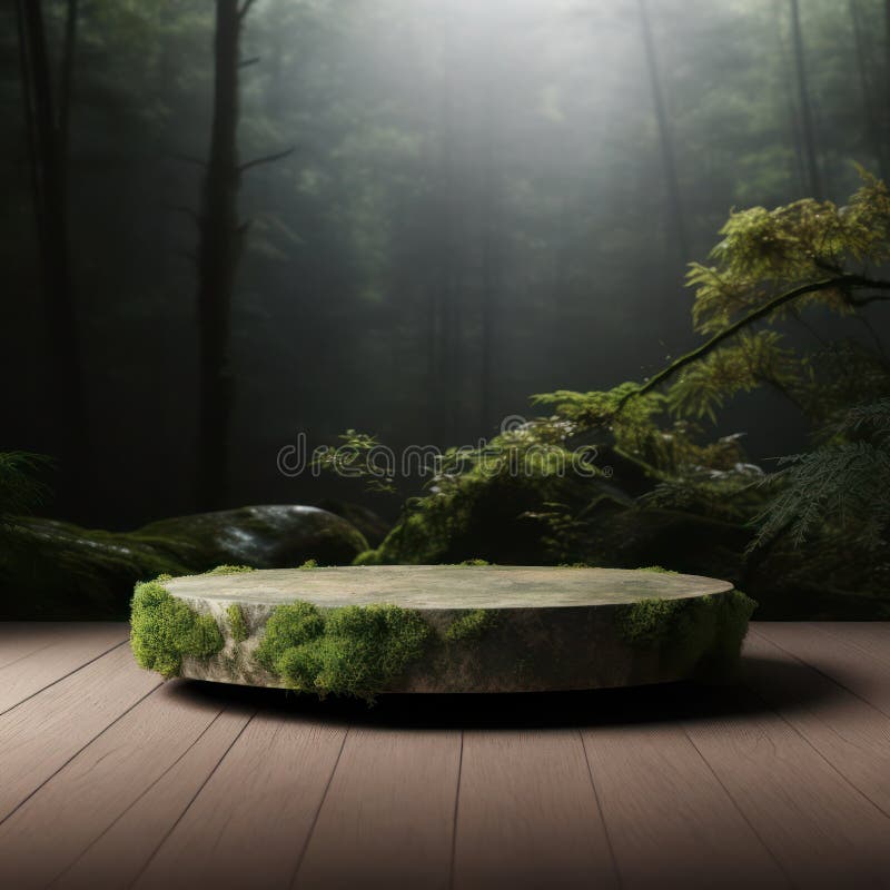 A Round Wooden Podium in a Mossy Forest, Created by Generative AI Stock ...