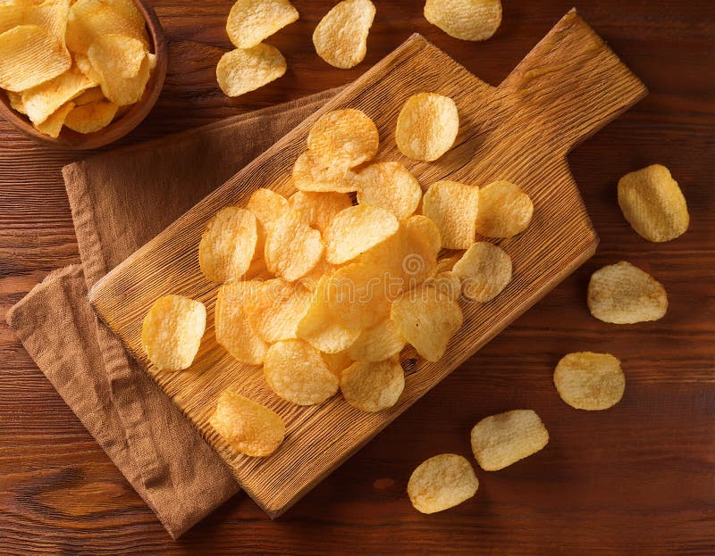 Wooden Board with Crispy Potato Chips on Table, Top View Stock ...