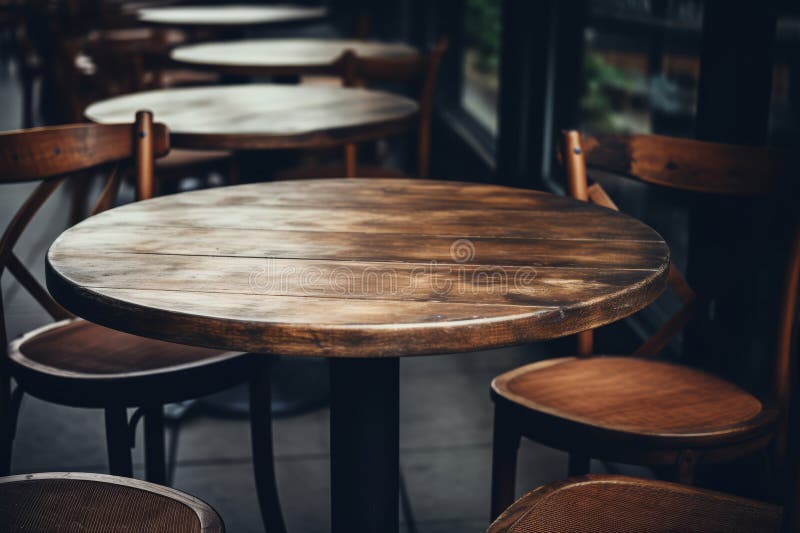Round Wooden Table and Chairs in Cafe. Restaurant Interior with Empty ...
