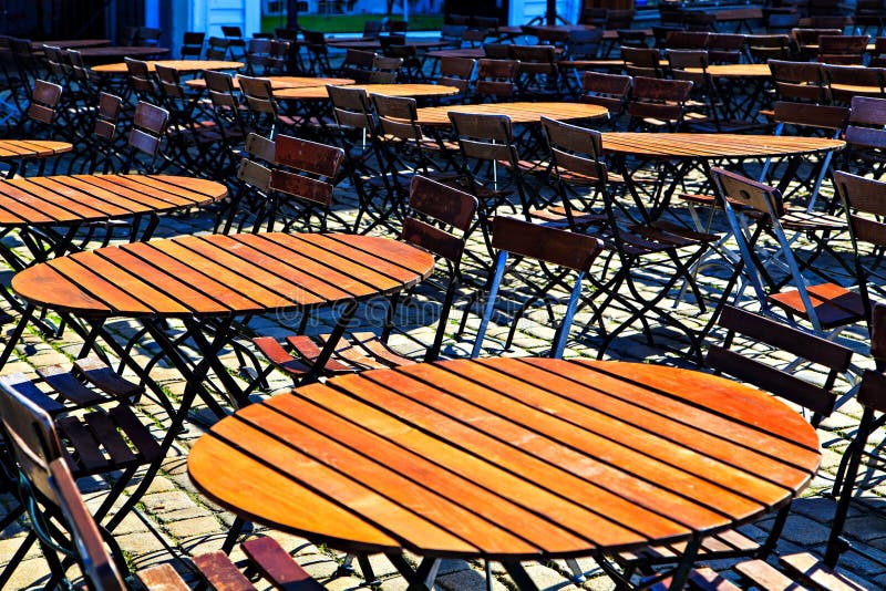 Round Wooden Table and Chairs in Line Stock Image - Image of group ...