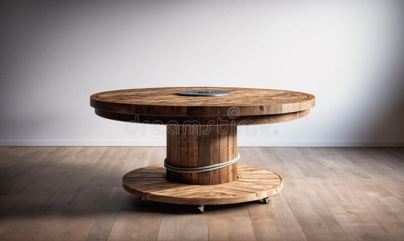 A Round Wooden Table, Crafted from a Repurposed Cable Spool, Sits on a ...